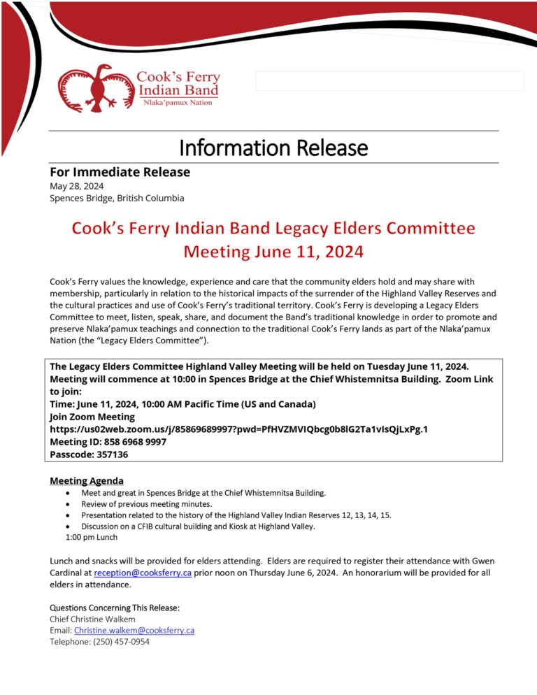 Notice of Legacy Elders Meeting – June 11, 2024 | Cooks Ferry Indian Band